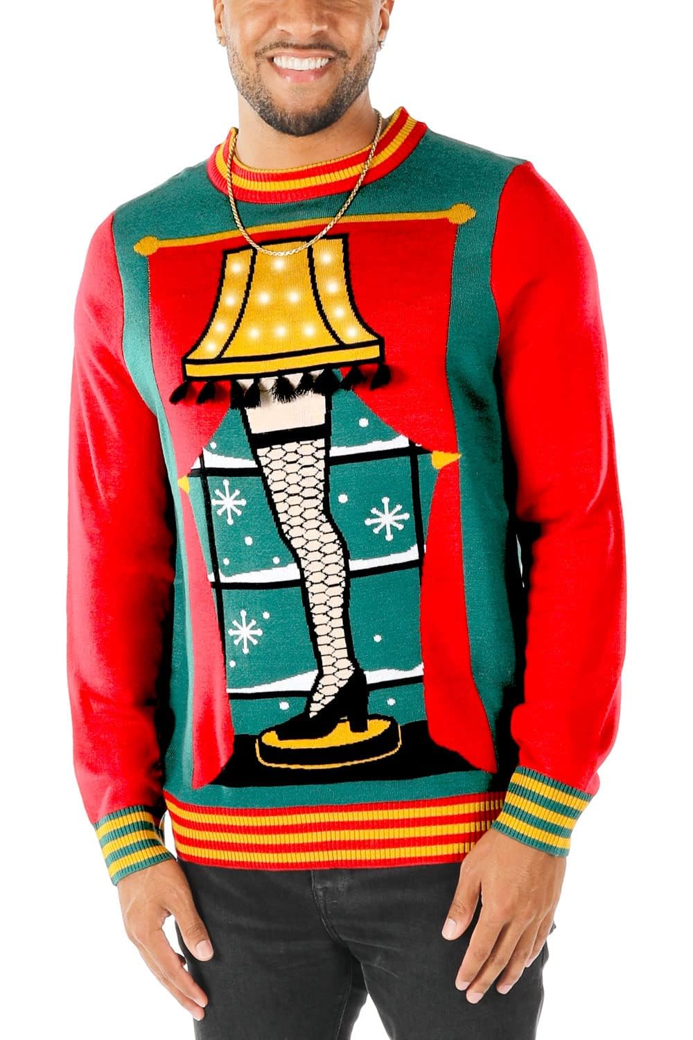 Tipsy Elves Bright Christmas Story Light Up Leg Lamp Green Ugly Christmas Sweater for Men Size XX-Large