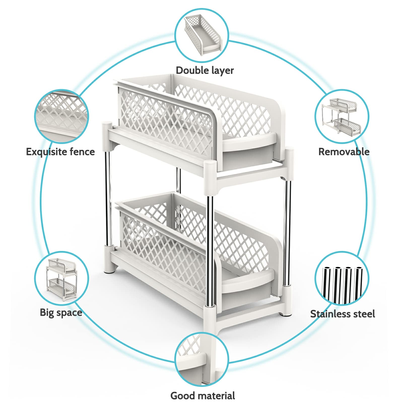 Under Sink Organizers and Storage,2 Tier Pull Out Bathroom Sink Organizer, Sliding Cabinet Basket Organizer with 4 Hooks,2 Hanging Cups, Under Sink Storage for Bathroom, Kitchen, Cleaning Supplies.