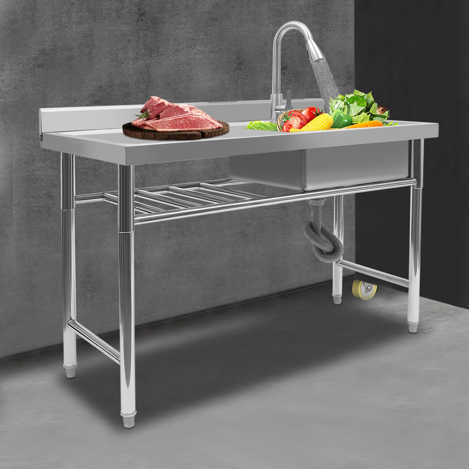 Goudergo Commercial Restaurant Sink with Faucet,Stainless Steel Utility Sink Free-standing Kitchen Sink,single Bowl Kitchen Sinks with Strainer for Homes and Restaurants