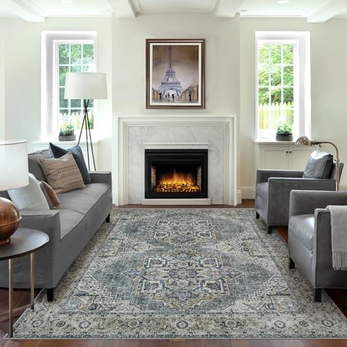Area Rug Living Room Rugs, 8x10 Machine Washable Rug, Boho Large Rug with Non-Slip Rubber Backing, Non-Shedding Stain Resistant, Indoor Carpet for Bedroom Dining Room Nursery Home Office (Grey)