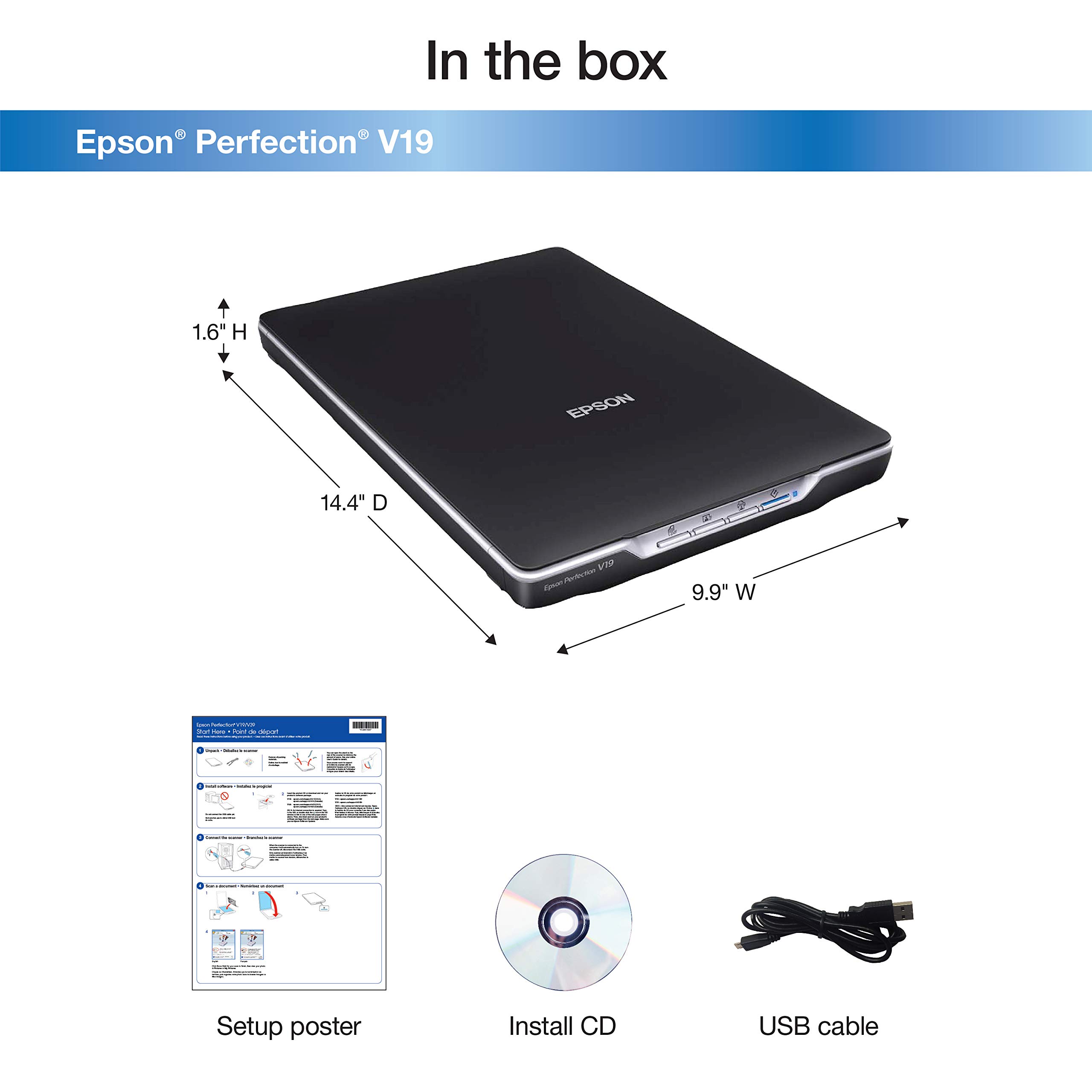 Epson Perfection V19 Color Photo & Document Scanner with scan-to-cloud & 4800 dpi optical resolution , Black