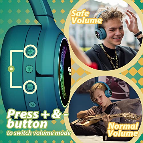 iClever Magic Switch Headphones for Kids Teens Bluetooth, Premium Sound, 45Hour Playtime, Safe Volume Mode, Built-in Mic Light Up Kids Bluetooth Headphones for Tablets, Smartphones (Vintage Green)