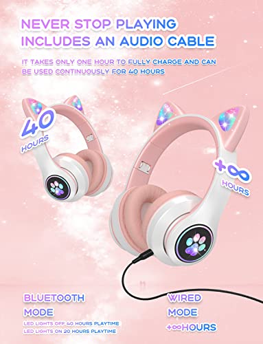 VuyKoo Kids Headphones with Microphone/RGB LED Light Up, Cat Ear Bluetooth Headphones 94dB Volume Limiting, Foldable Stereo Over-Ear Headphones for Kids Tablet/School/iPad/Smartphone (Pink)