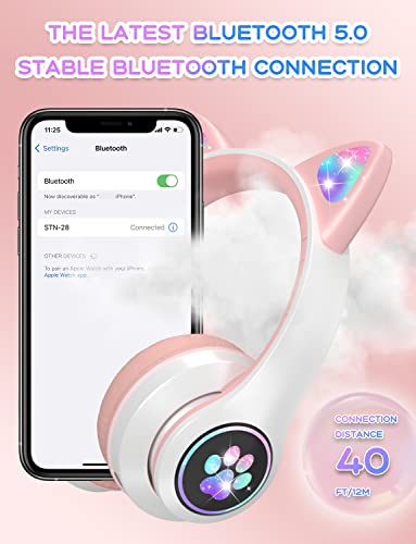 VuyKoo Kids Headphones with Microphone/RGB LED Light Up, Cat Ear Bluetooth Headphones 94dB Volume Limiting, Foldable Stereo Over-Ear Headphones for Kids Tablet/School/iPad/Smartphone (Pink)