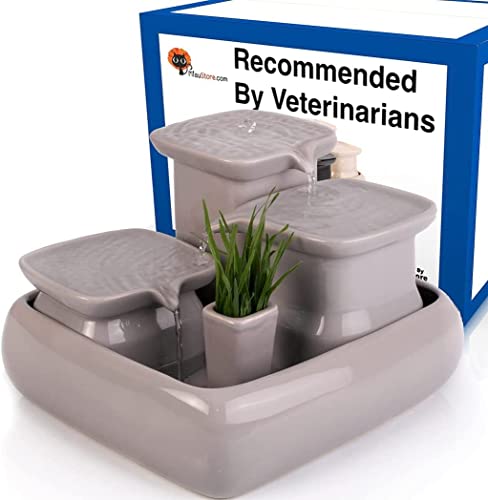 Miaustore Premium Ceramic Cat Water Fountain - Motion Sensor Activated, 120oz/3.4l, Doesnāt Need Filters, Easy to Clean, Dishwasher Safe, Pet Drinking Fountain with Bowl for Cat Grass Inside - Grey