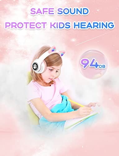 VuyKoo Kids Headphones with Microphone/RGB LED Light Up, Cat Ear Bluetooth Headphones 94dB Volume Limiting, Foldable Stereo Over-Ear Headphones for Kids Tablet/School/iPad/Smartphone (Pink)