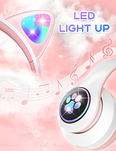 VuyKoo Kids Headphones with Microphone/RGB LED Light Up, Cat Ear Bluetooth Headphones 94dB Volume Limiting, Foldable Stereo Over-Ear Headphones for Kids Tablet/School/iPad/Smartphone (Pink)