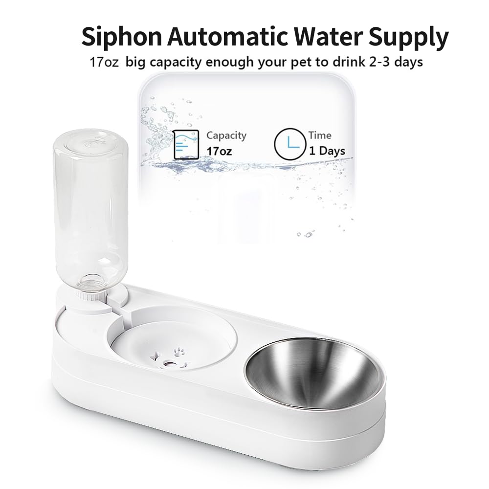 Marchul Stainless Steel Pet Feeder, 2-in-1 Food and Water Bowl Set with Automatic Water Dispenser for Cats and Small Dogs, 0.5L, White
