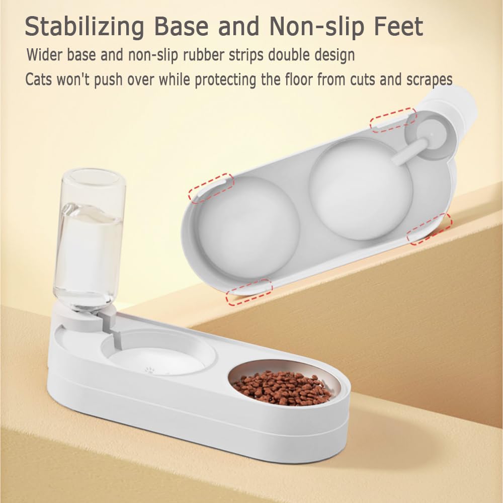 Marchul Stainless Steel Pet Feeder, 2-in-1 Food and Water Bowl Set with Automatic Water Dispenser for Cats and Small Dogs, 0.5L, White