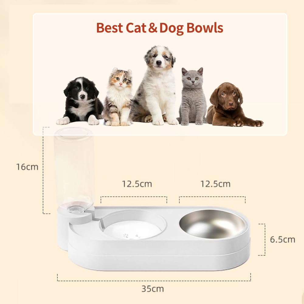 Marchul Stainless Steel Pet Feeder, 2-in-1 Food and Water Bowl Set with Automatic Water Dispenser for Cats and Small Dogs, 0.5L, White