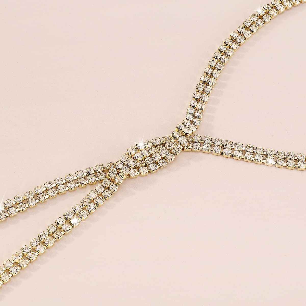 Chargances Golden Sparkly Rhinestone Y Lariat Long Necklace Tennis Crystal Backdrop Statement Necklace for Women