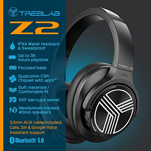 TREBLAB Z2 | Over Ear Workout Headphones with Microphone | Bluetooth 5.0, Active Noise Cancelling (ANC) | Up to 35H Battery Life | Wireless Headphones for Sport, Workout, Running, Gym