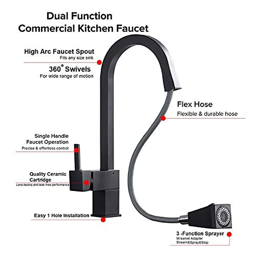 Kitchen Sink Faucet for Bar Farmhouse Commercial, Square Shape Kitchen Faucet, Pull Out Black Kitchen Mixers, Spray Stream Kitchen Head, Single Handle Cold Hot Mixer Faucet (Color : Black Kitchen Fau