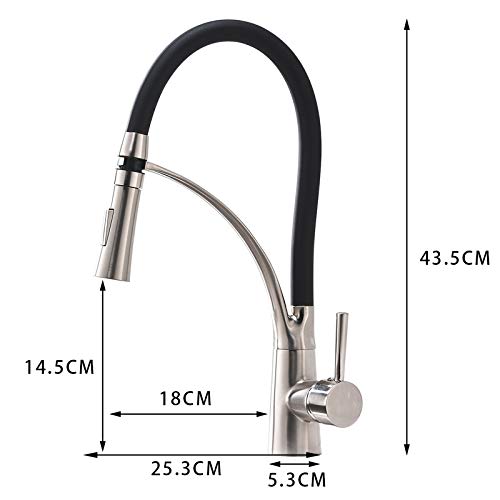 WEITOL Kitchen Sink Faucet for Bar Farmhouse Commercial, Black Rubber Design and Brushed Nickel Kitchen Faucet, Deck Mounted Pull Down Dual Spray Nozzle Mixer Sink Taps