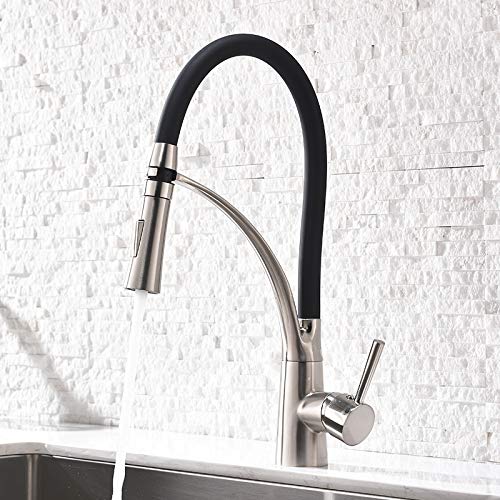 WEITOL Kitchen Sink Faucet for Bar Farmhouse Commercial, Black Rubber Design and Brushed Nickel Kitchen Faucet, Deck Mounted Pull Down Dual Spray Nozzle Mixer Sink Taps