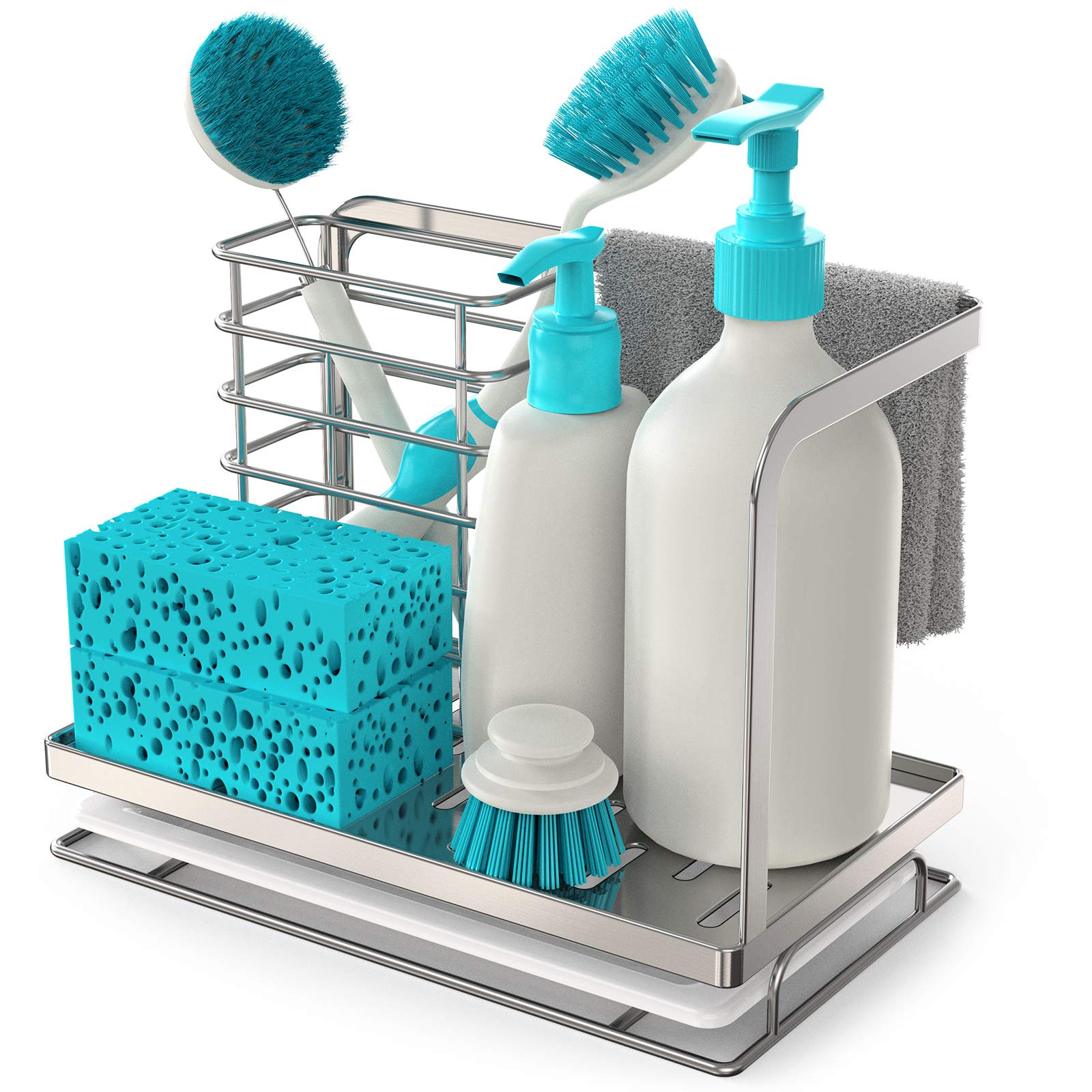 FavoThings Kitchen Sink Caddy Sponge Holder Dish Brush Storage with Drain Tray, SUS304 Stainless Steel, Countertop Sponge Brush Rags Soap Holder, Silver