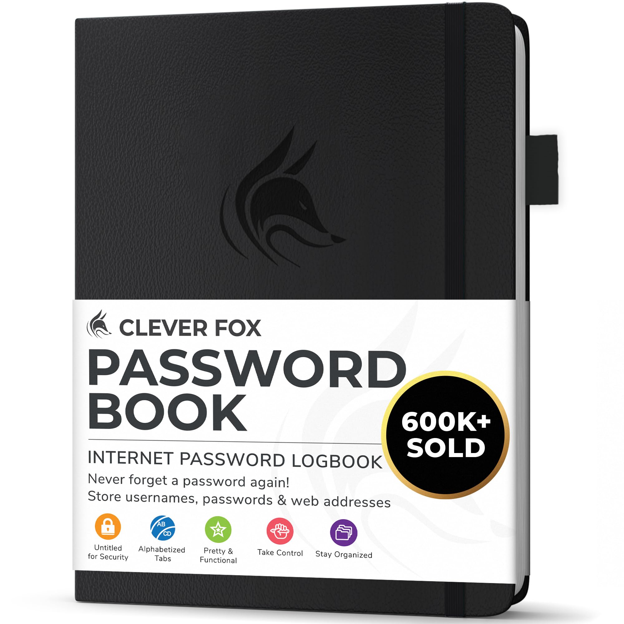 Clever Fox Password Book with tabs. Internet Address and Password Organizer Logbook with alphabetical tabs. Small Pocket Size Password Keeper Journal Notebook for Computer & Website Logins (Black)