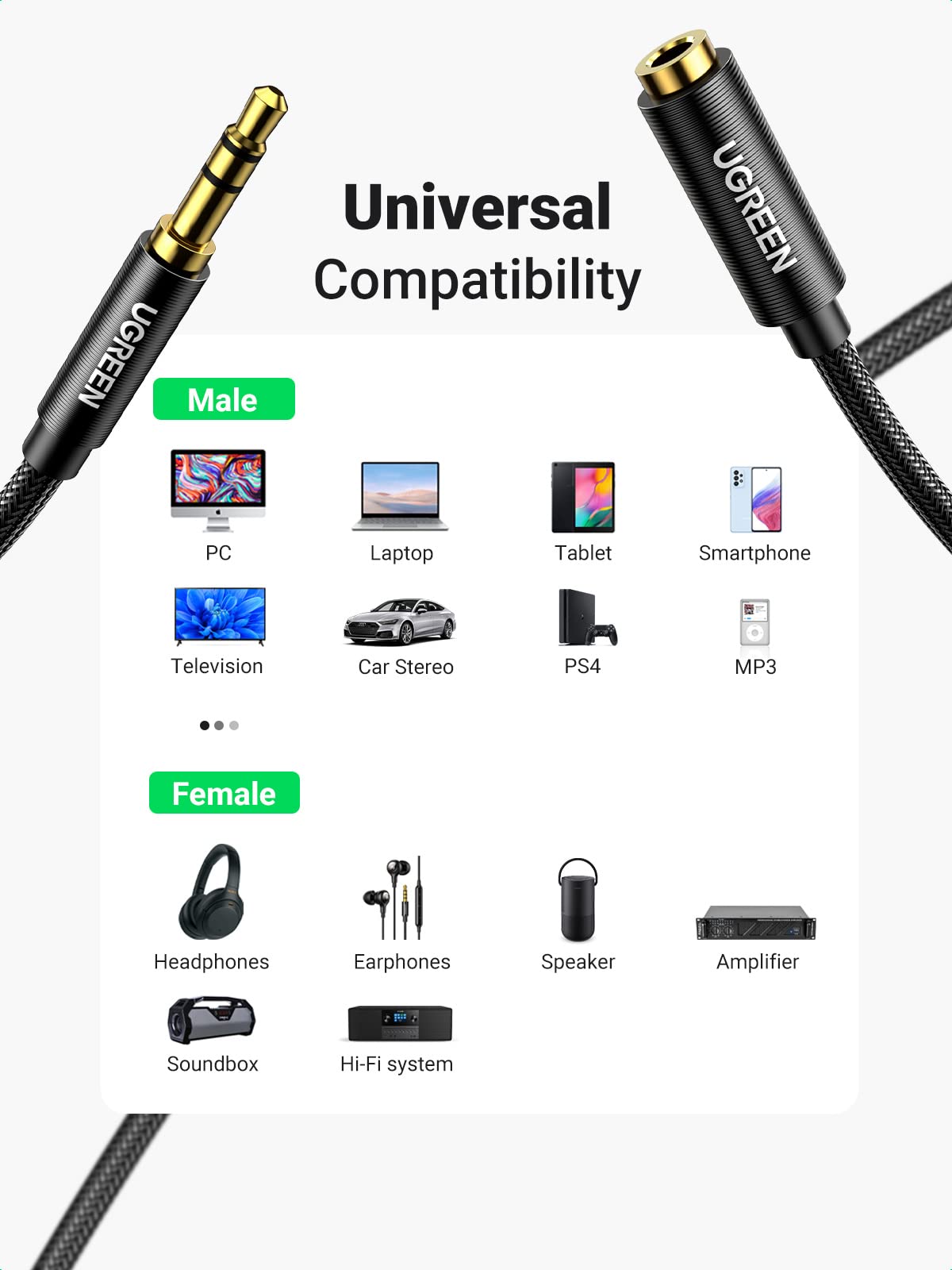 UGREEN Headphone Extension Cable Nylon Braided Male to Female 3.5mm Extension Cable Lossless Multi Shielded Aux Jack Extender Gold Plated Cord Compatible with iPhone iPad Tablets Media Players, 6FT