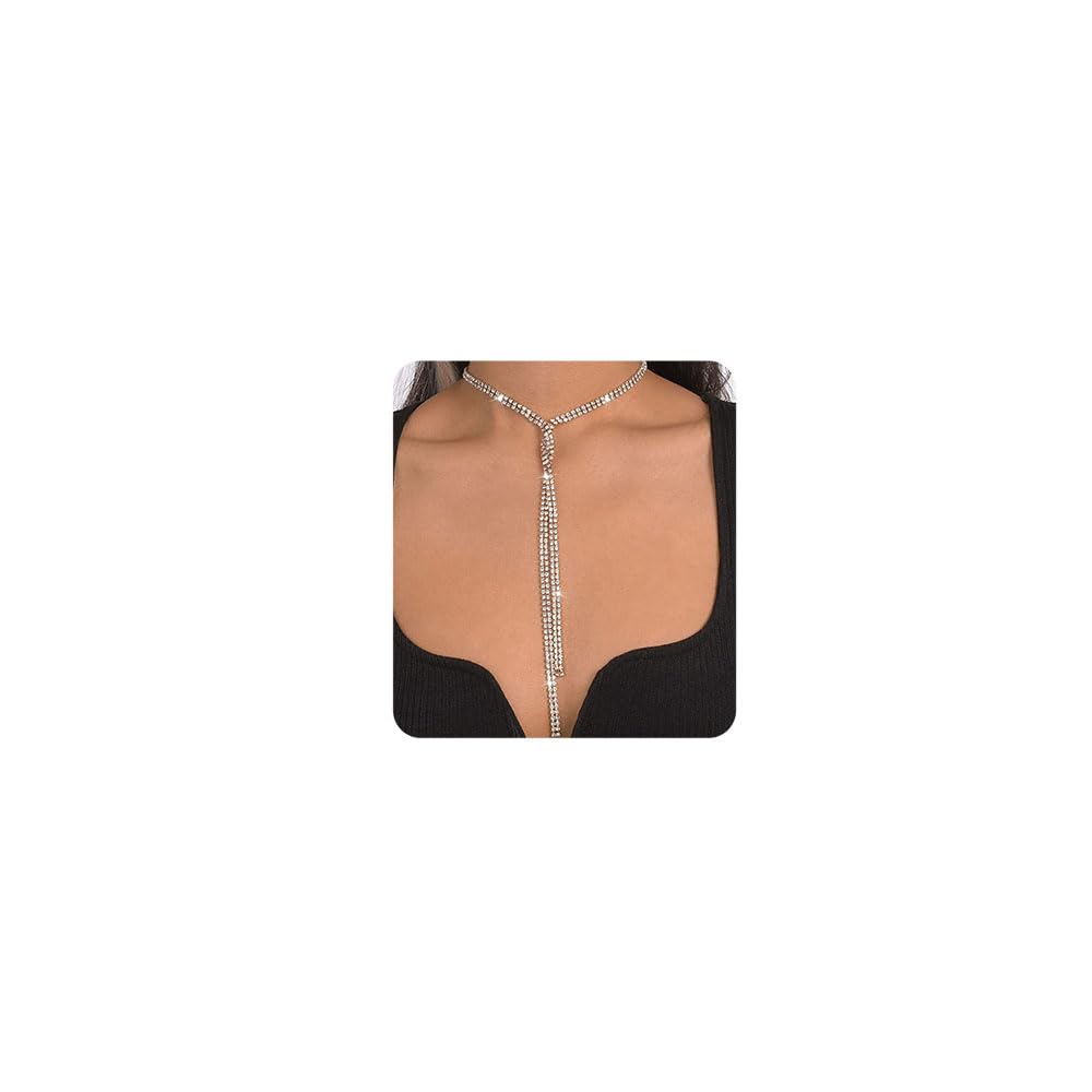 Chargances Golden Sparkly Rhinestone Y Lariat Long Necklace Tennis Crystal Backdrop Statement Necklace for Women