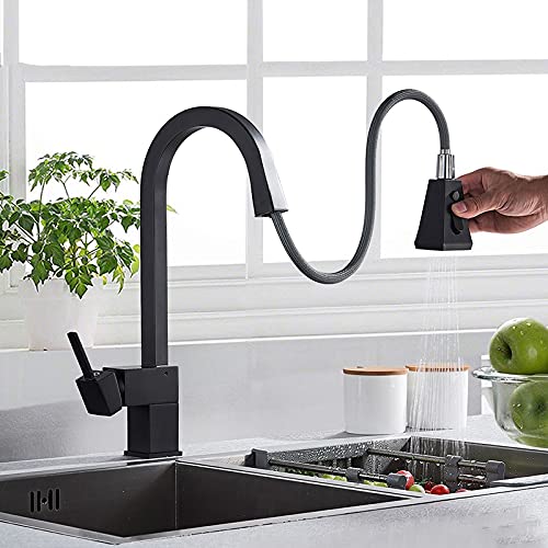 Kitchen Sink Faucet for Bar Farmhouse Commercial, Square Shape Kitchen Faucet, Pull Out Black Kitchen Mixers, Spray Stream Kitchen Head, Single Handle Cold Hot Mixer Faucet (Color : Black Kitchen Fau