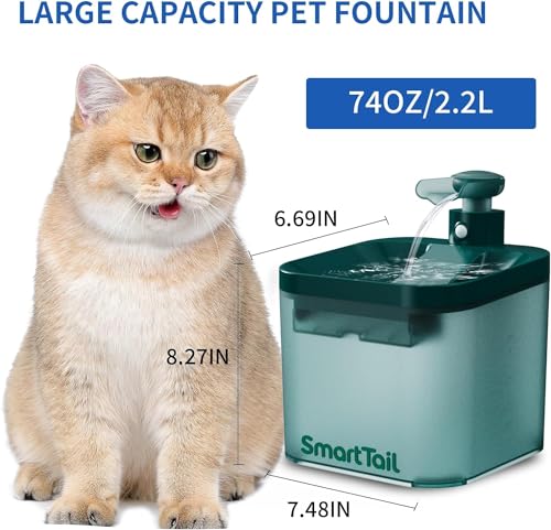 SmartTail Cat Water Fountain,Pet Water Fountain for Cats Indoor Battery Operated,74oz/2.2L Automatic Dog Water Dispenser with a Filter,Water Level Window,BPA-Free, Green