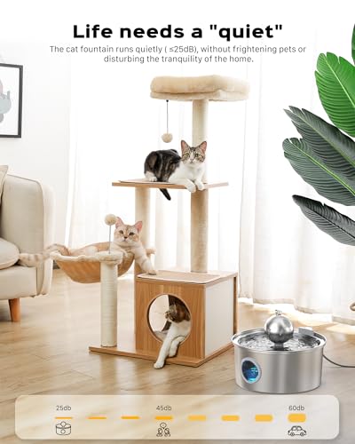 GOOSTOO Stainless Steel Cat Water Fountain - 108oz/3.2L Quiet Pet Fountain with Water Level Window - Attracts Cats to Drink