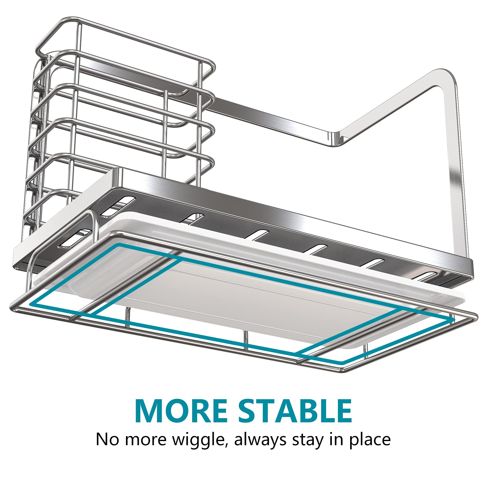 FavoThings Kitchen Sink Caddy Sponge Holder Dish Brush Storage with Drain Tray, SUS304 Stainless Steel, Countertop Sponge Brush Rags Soap Holder, Silver