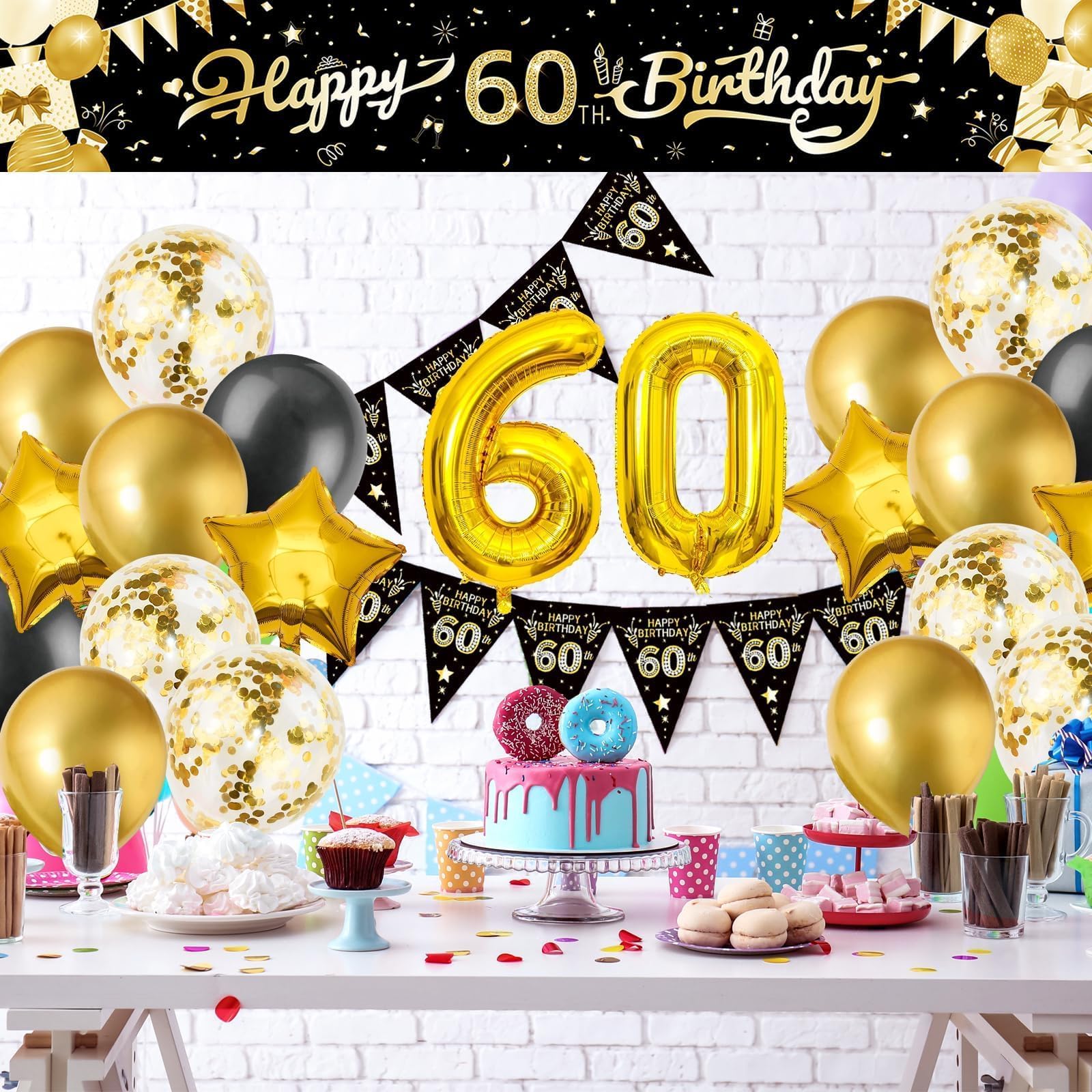 60th Birthday Decoration Happy Birthday Party Decoration Set Black and Gold Banner Balloons Backdrop for Men and Women