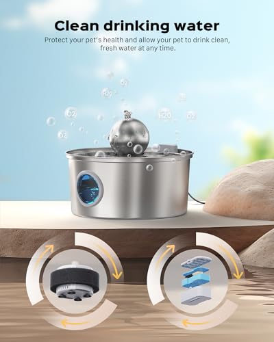 GOOSTOO Stainless Steel Cat Water Fountain - 108oz/3.2L Quiet Pet Fountain with Water Level Window - Attracts Cats to Drink