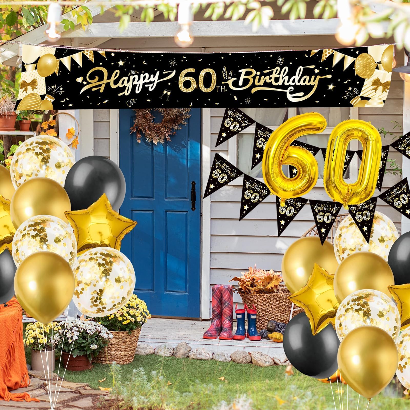 60th Birthday Decoration Happy Birthday Party Decoration Set Black and Gold Banner Balloons Backdrop for Men and Women