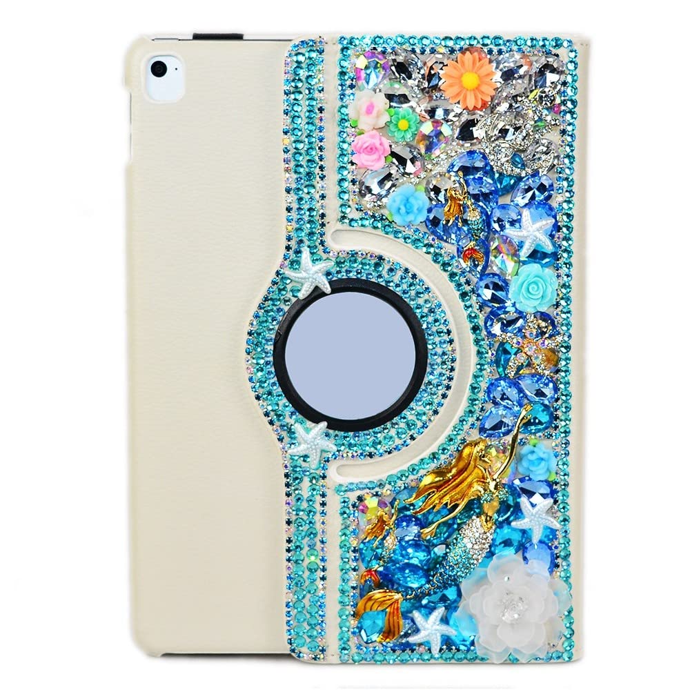 STENES Bling Case Compatible with Samsung Galaxy Tab S7 FE 12.4-inch 2021 - Stylish - 3D Handmade Mermaid Flowers Floral 360 Degree Rotating Stand Case with Smart Cover Auto Sleep/Wake - Navy Blue