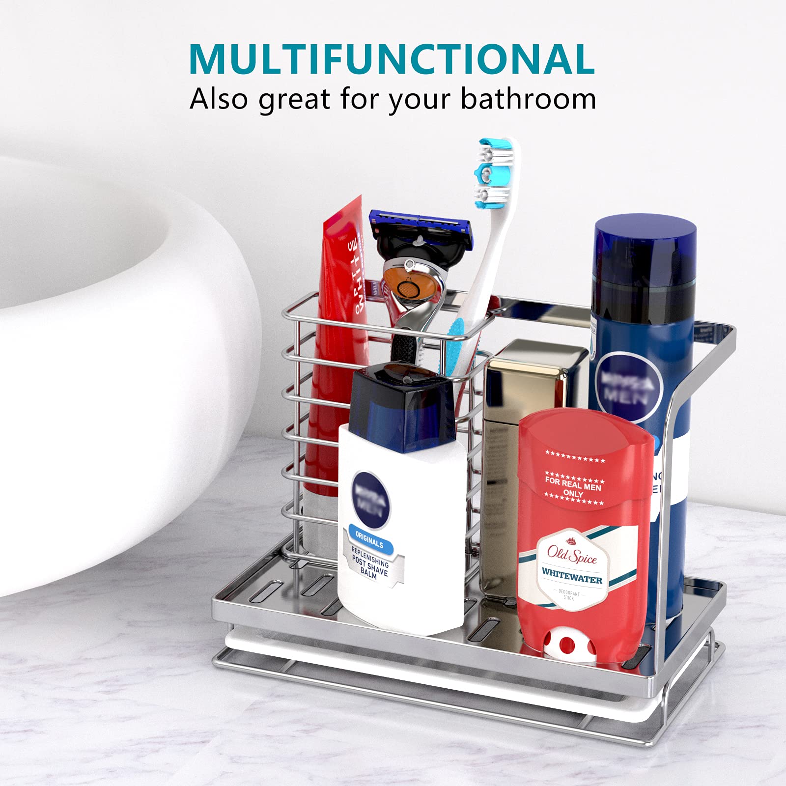 FavoThings Kitchen Sink Caddy Sponge Holder Dish Brush Storage with Drain Tray, SUS304 Stainless Steel, Countertop Sponge Brush Rags Soap Holder, Silver