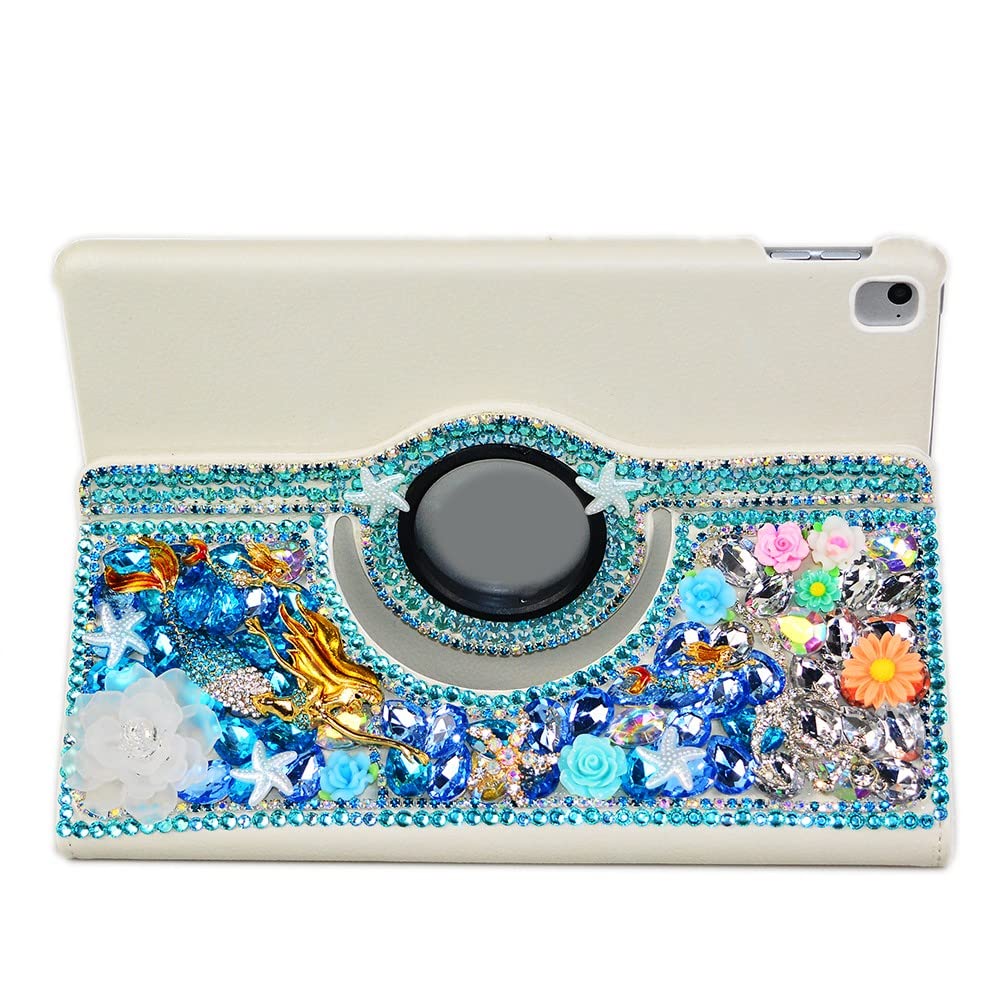 STENES Bling Case Compatible with Samsung Galaxy Tab S7 FE 12.4-inch 2021 - Stylish - 3D Handmade Mermaid Flowers Floral 360 Degree Rotating Stand Case with Smart Cover Auto Sleep/Wake - Navy Blue