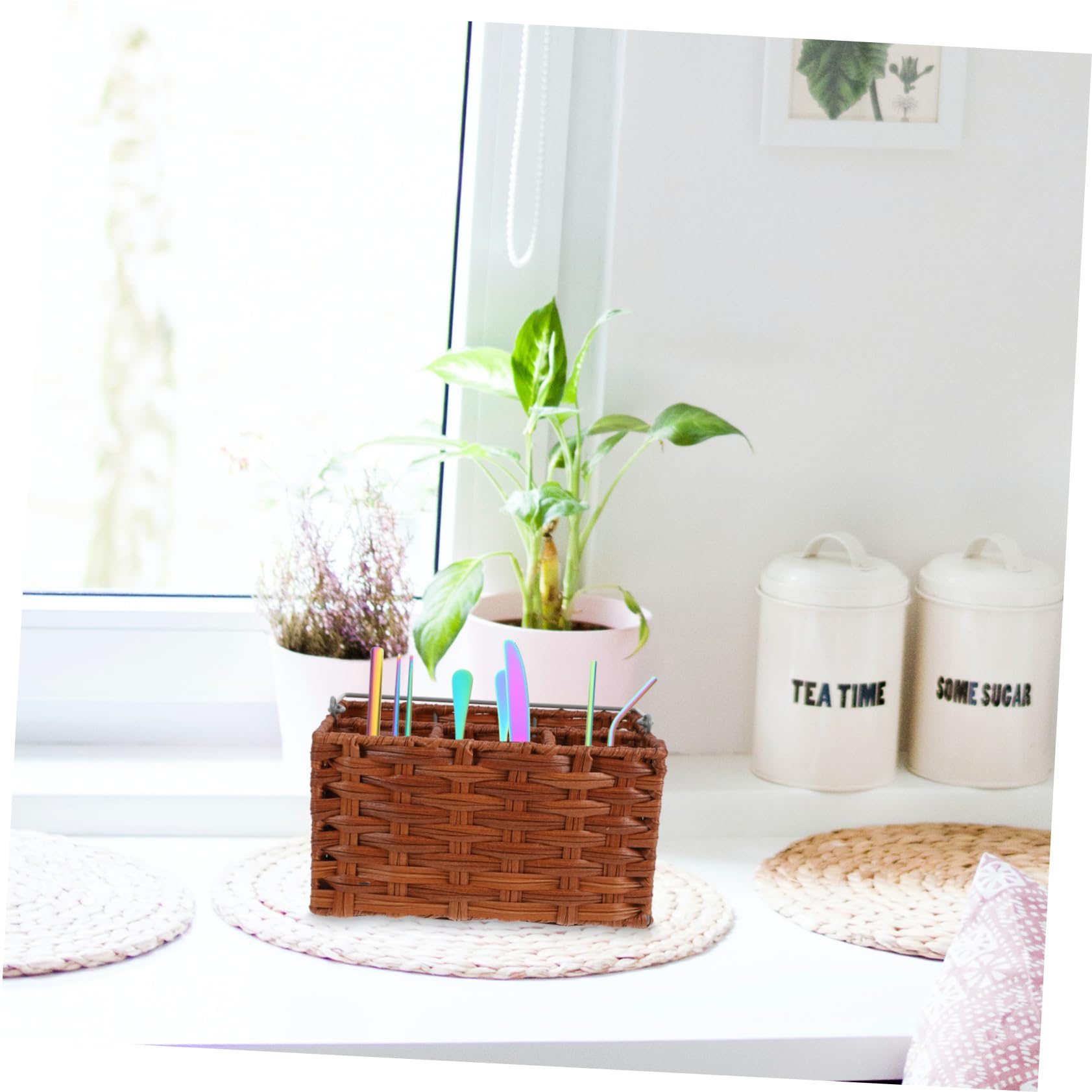 Cabilock Rattan Storage Basket 4 Section Wicker Divided Baskets Tea Bag Sugar Packet Holder Coffee Station Condiment Organizer Silverware Cutlery Storage Box