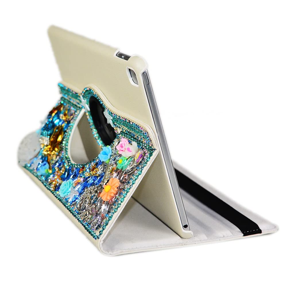 STENES Bling Case Compatible with Samsung Galaxy Tab S7 FE 12.4-inch 2021 - Stylish - 3D Handmade Mermaid Flowers Floral 360 Degree Rotating Stand Case with Smart Cover Auto Sleep/Wake - Navy Blue