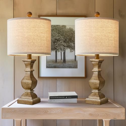 PoKat 20.5" Mid Century Table Lamp Sets of 2 for Living Room Retro Style Farmhouse Table Lamp for Bedroom Classic Beige Resin Bedside Night Light Lamps
