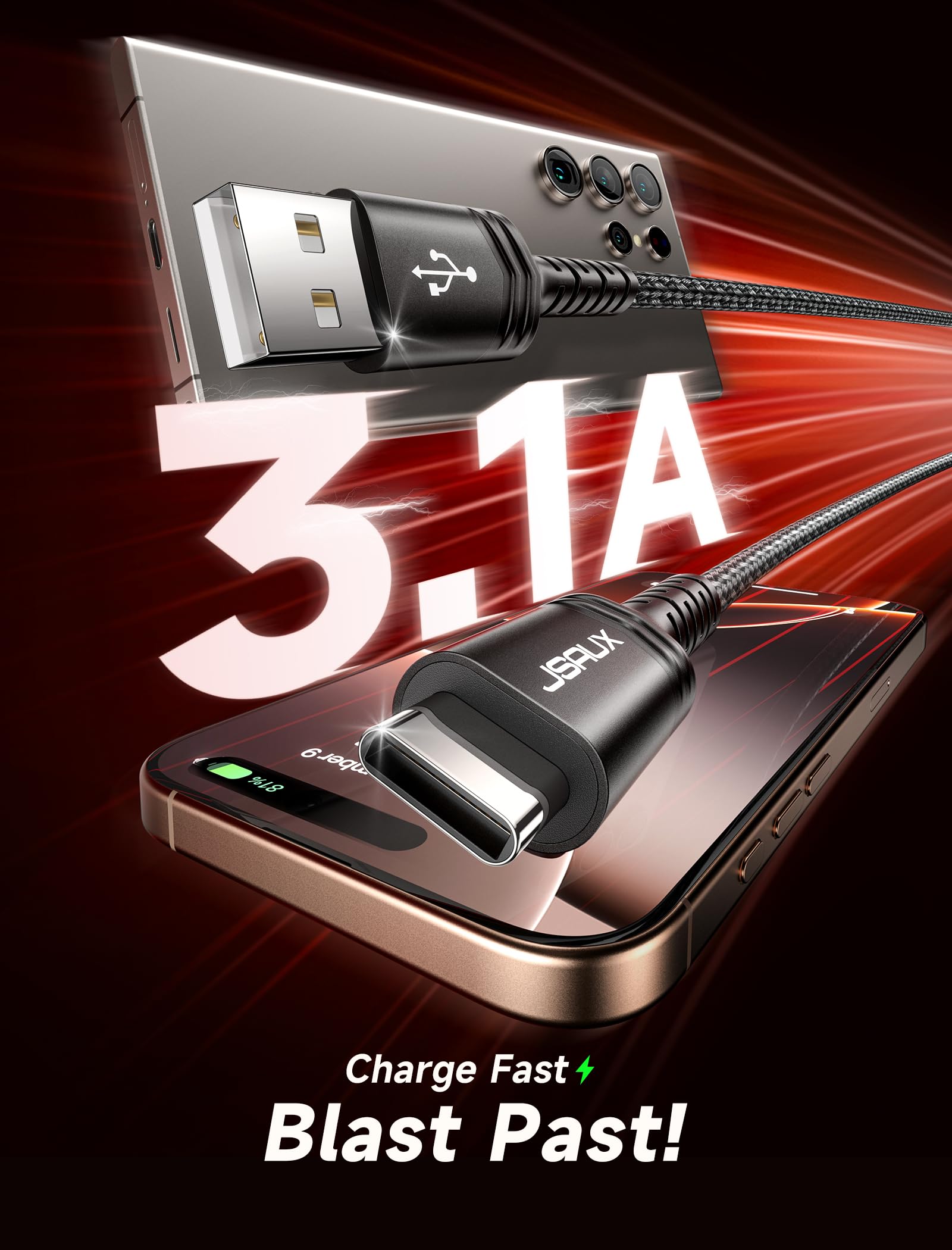 JSAUX USB C Cable [2-Pack 6.6ft], USB A to USB Cord 3.1A Fast Charging Compatible with iPhone 16/16 Plus/16 Pro/16 Pro Max/iPhone 16e/iPhone 15 Series, Samsung S20 S10 S9, Note 20 10, Car Play -Black