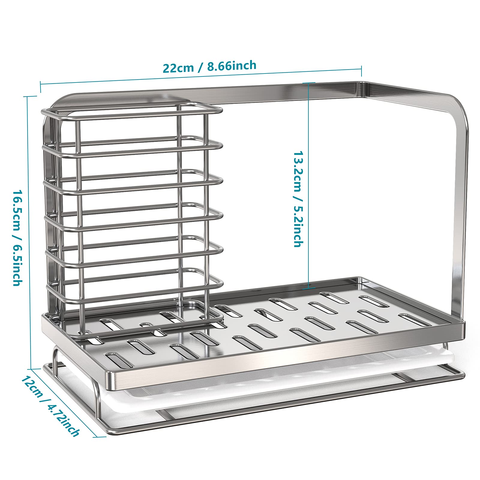 FavoThings Kitchen Sink Caddy Sponge Holder Dish Brush Storage with Drain Tray, SUS304 Stainless Steel, Countertop Sponge Brush Rags Soap Holder, Silver