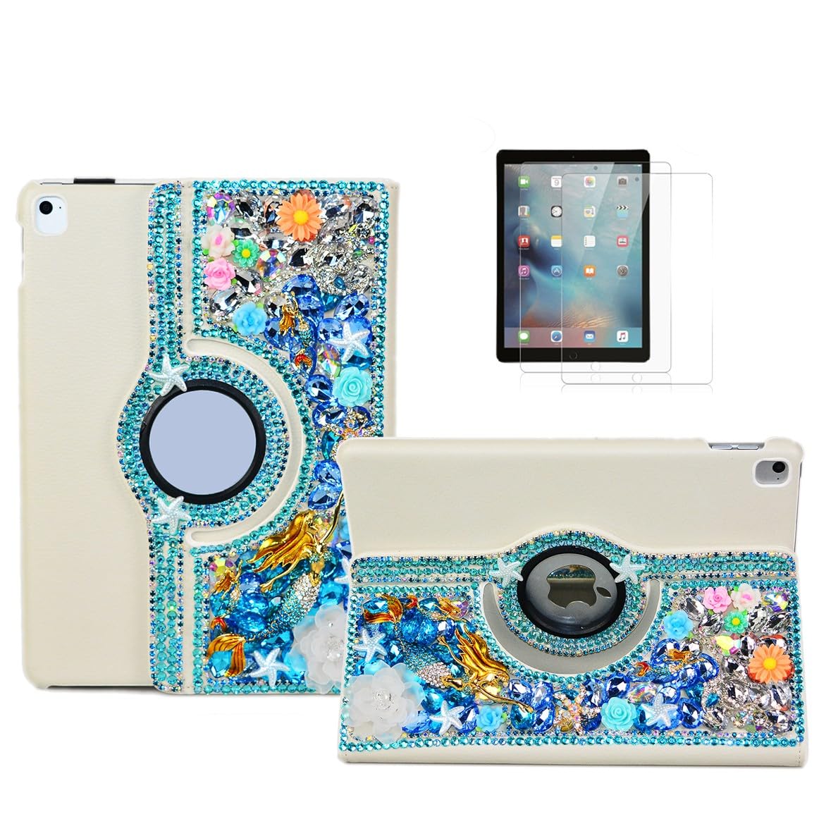 STENES Bling Case Compatible with Samsung Galaxy Tab S7 FE 12.4-inch 2021 - Stylish - 3D Handmade Mermaid Flowers Floral 360 Degree Rotating Stand Case with Smart Cover Auto Sleep/Wake - Navy Blue