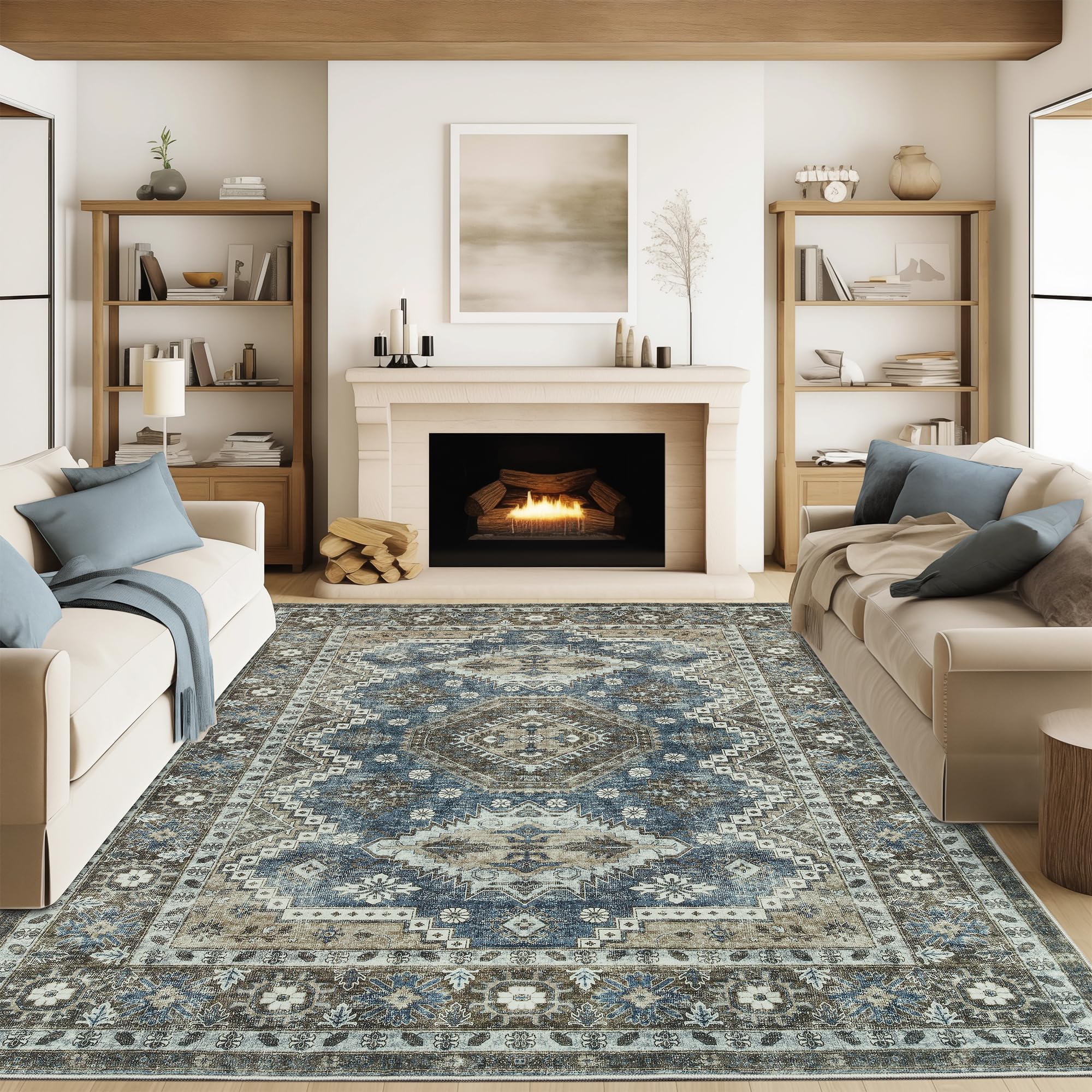Rugland 8x10 Area Rugs - Stain Resistant Washable Rug, Anti Slip Backing Rugs for Living Room, Vintage Tribal Area Rugs(TPR07-Green, 8'x10')
