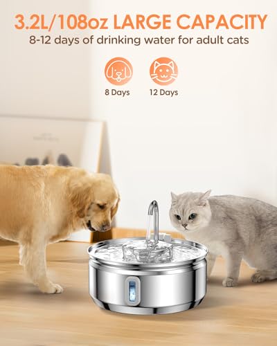 Cat Water Fountain, 3.2L/108oz Upgraded Stainless Steel Pet Water Fountain for Cats Inside Drinking, Automatic Dog Cat Water Bowl Dispenser with Water Level Window