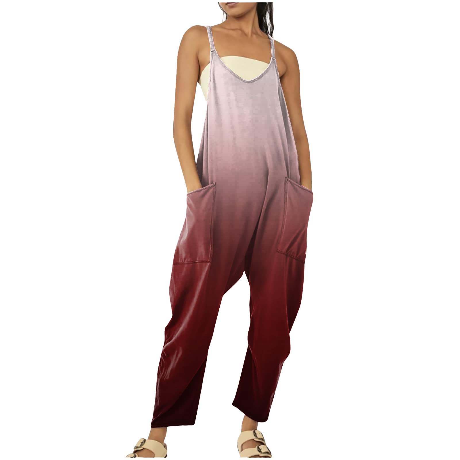 Cheifay White Dress Women Sleeveless Rompers for Women Dressy Straps Ultra Soft Pants Overall Jumpsuits Fashion Colorred Rompers with Pockets Workout Sets For Women