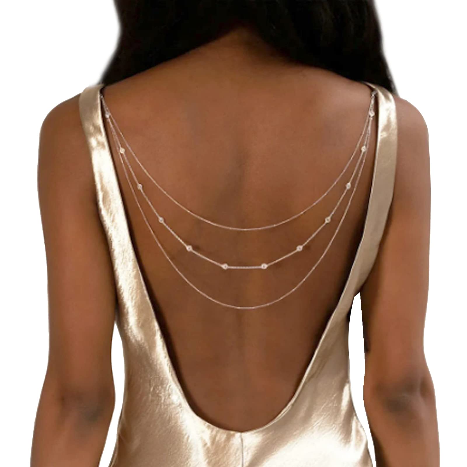 Elegant Multi Layered Rhinestone Back Chain Jewelry Crystal Bridal Back Necklace Chain Sexy Bikini Rhinestone Shoulder Chain Wedding Backdrop Jewelry for Women (Gold)