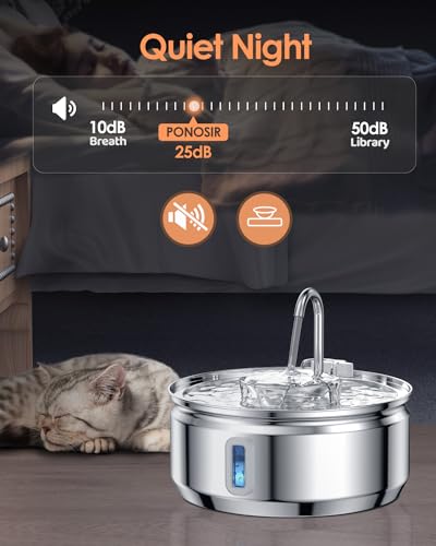 Cat Water Fountain, 3.2L/108oz Upgraded Stainless Steel Pet Water Fountain for Cats Inside Drinking, Automatic Dog Cat Water Bowl Dispenser with Water Level Window