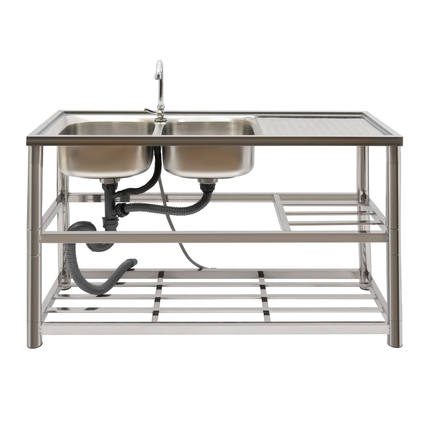 Stainless Steel Commercial Kitchen Sink Utility Sink 47 Inch Width with Prep Table 360 ° Rotatable Faucet 2 Compartment Storage Shelves
