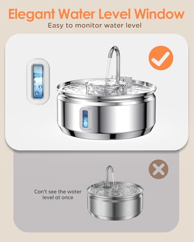 Cat Water Fountain, 3.2L/108oz Upgraded Stainless Steel Pet Water Fountain for Cats Inside Drinking, Automatic Dog Cat Water Bowl Dispenser with Water Level Window