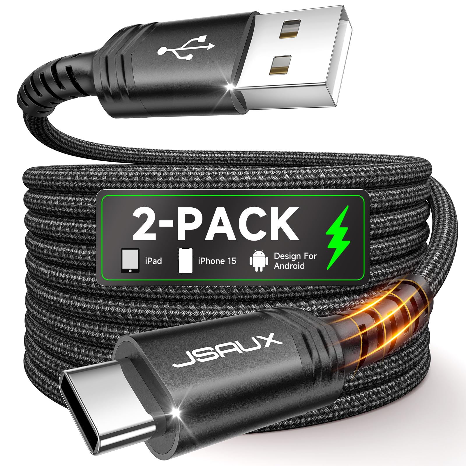 JSAUX USB C Cable [2-Pack 6.6ft], USB A to USB Cord 3.1A Fast Charging Compatible with iPhone 16/16 Plus/16 Pro/16 Pro Max/iPhone 16e/iPhone 15 Series, Samsung S20 S10 S9, Note 20 10, Car Play -Black