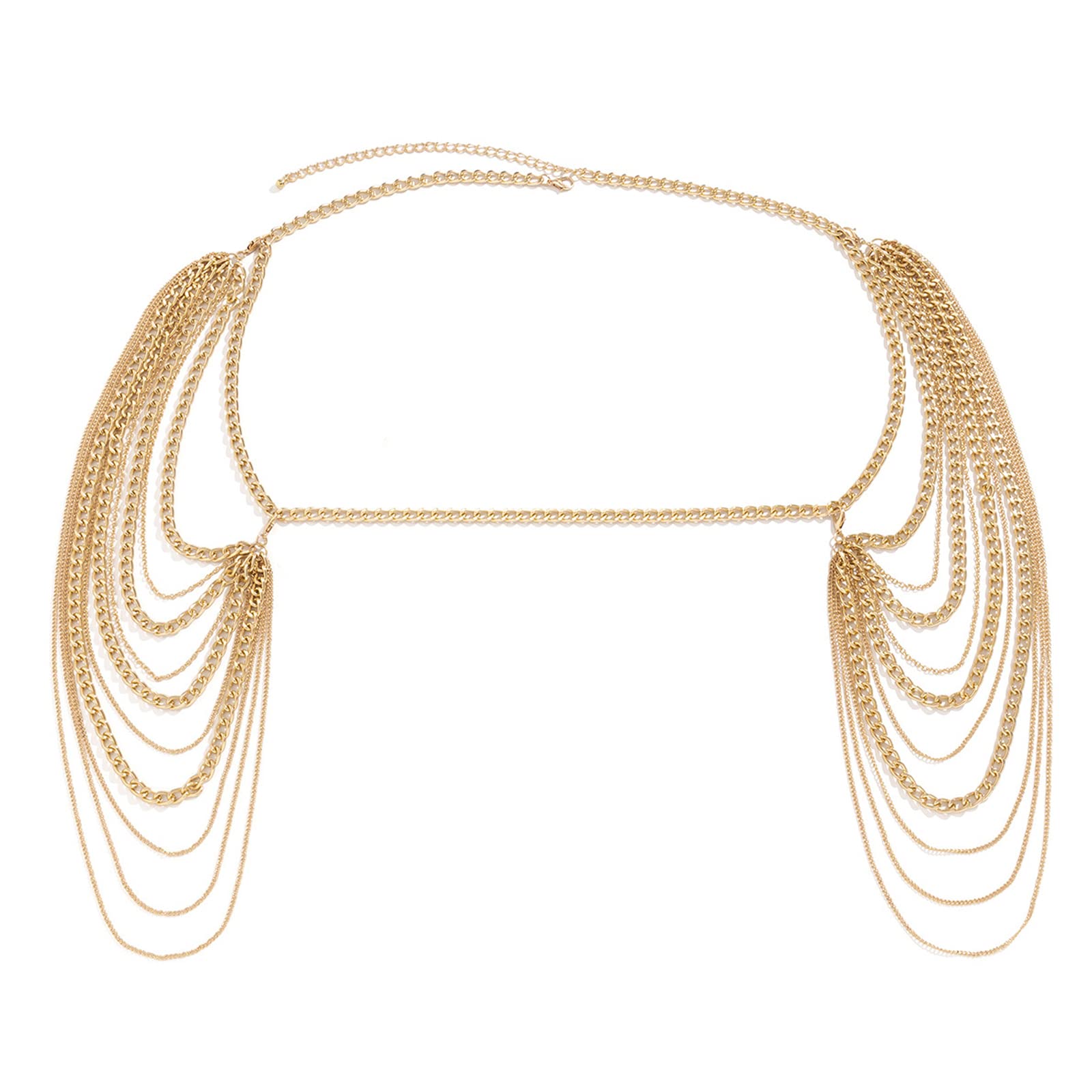Punk Shoulder Chain Tassel Layered Upper Arm Chain Metal Multi Layer Tassel Shoulder Chain Bikini Fringe Backdrop Necklace for Women (Gold)