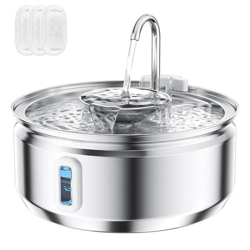 Cat Water Fountain, 3.2L/108oz Upgraded Stainless Steel Pet Water Fountain for Cats Inside Drinking, Automatic Dog Cat Water Bowl Dispenser with Water Level Window