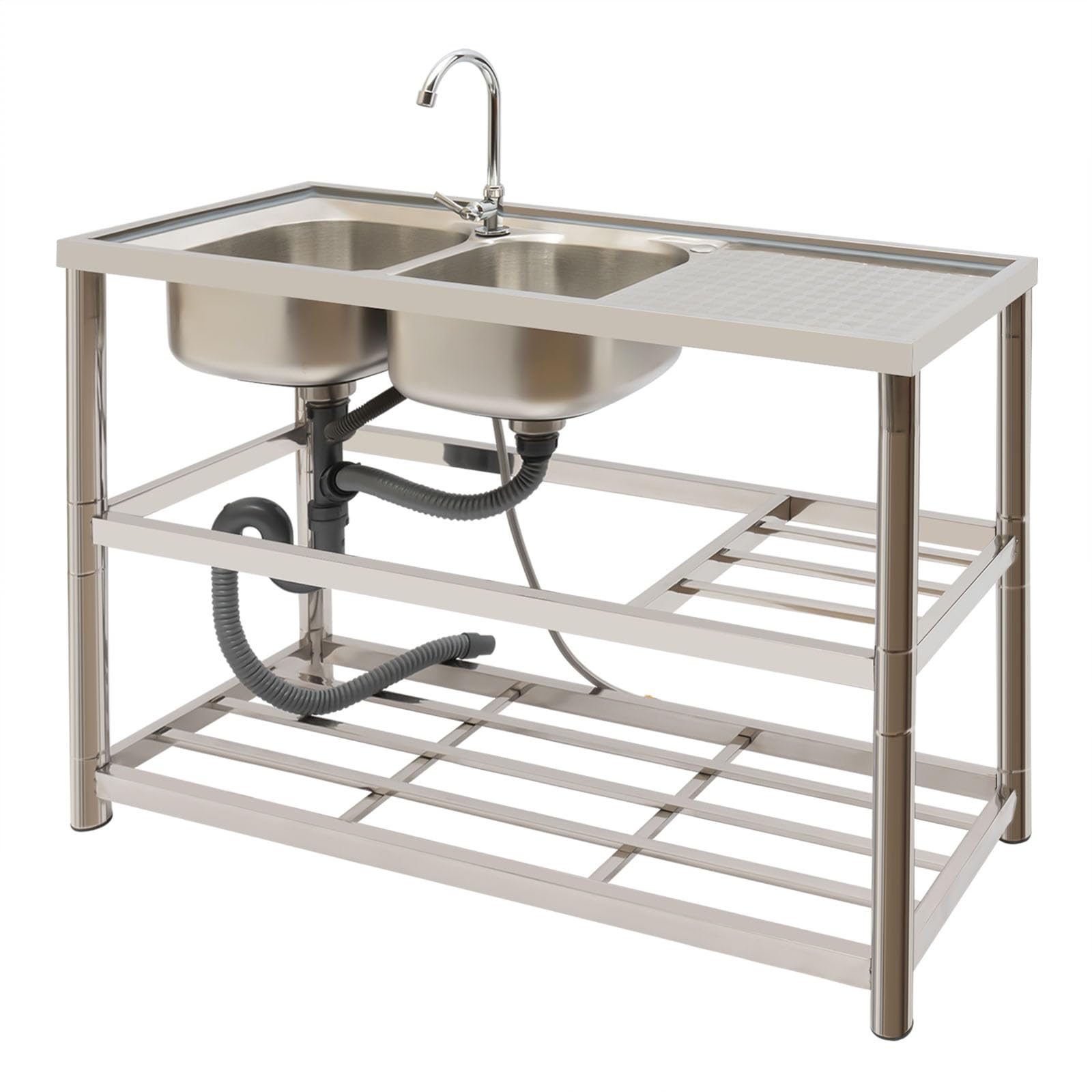 Stainless Steel Commercial Kitchen Sink Utility Sink 47 Inch Width with Prep Table 360 ° Rotatable Faucet 2 Compartment Storage Shelves